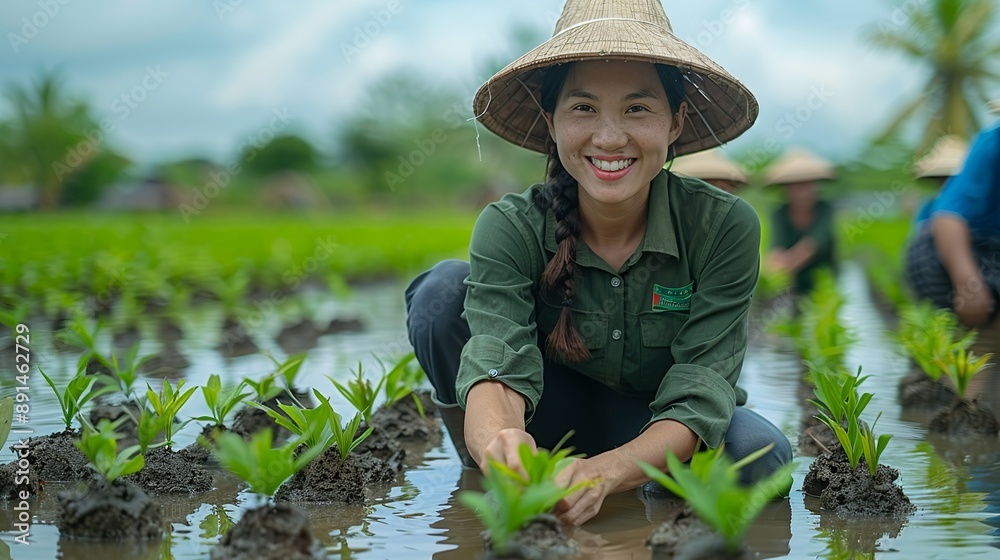 Picture of cheerful farmers in Southeast Asia planting rice seedlings in a flooded paddy field ...