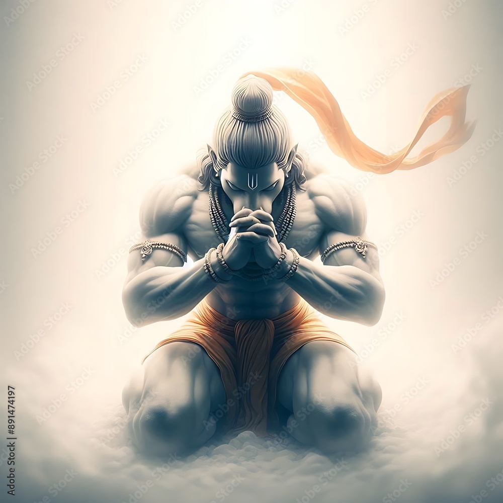 Lord Hanuman kneels in reverence, his head bowed and hands clasped ...