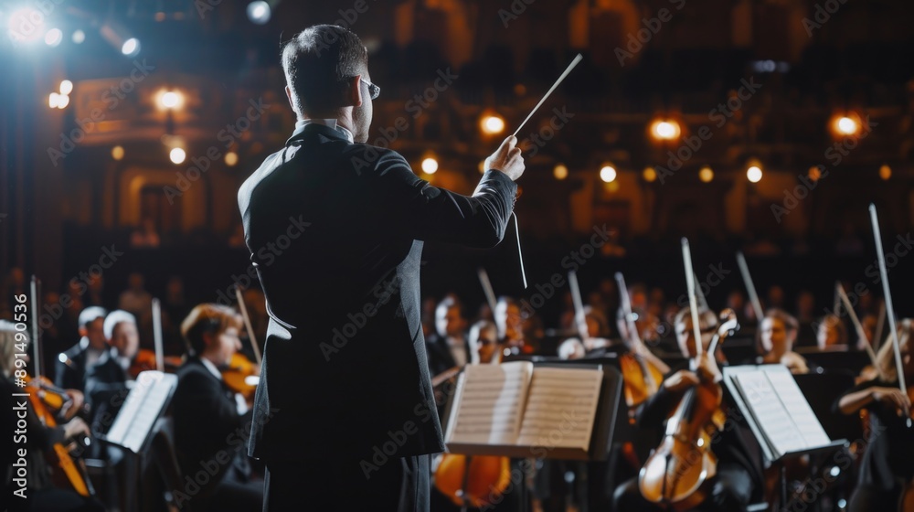 A classical orchestra and conductor performed in the concert hall Stock ...