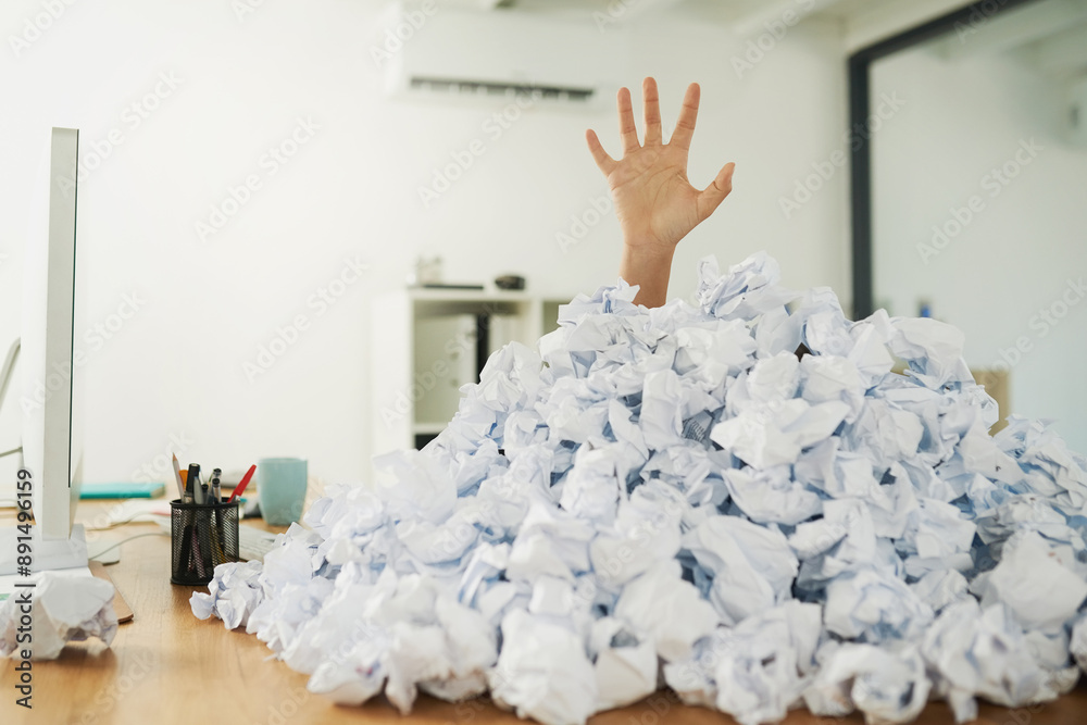 Hand, paperwork and person drowning in office, career crisis and ...