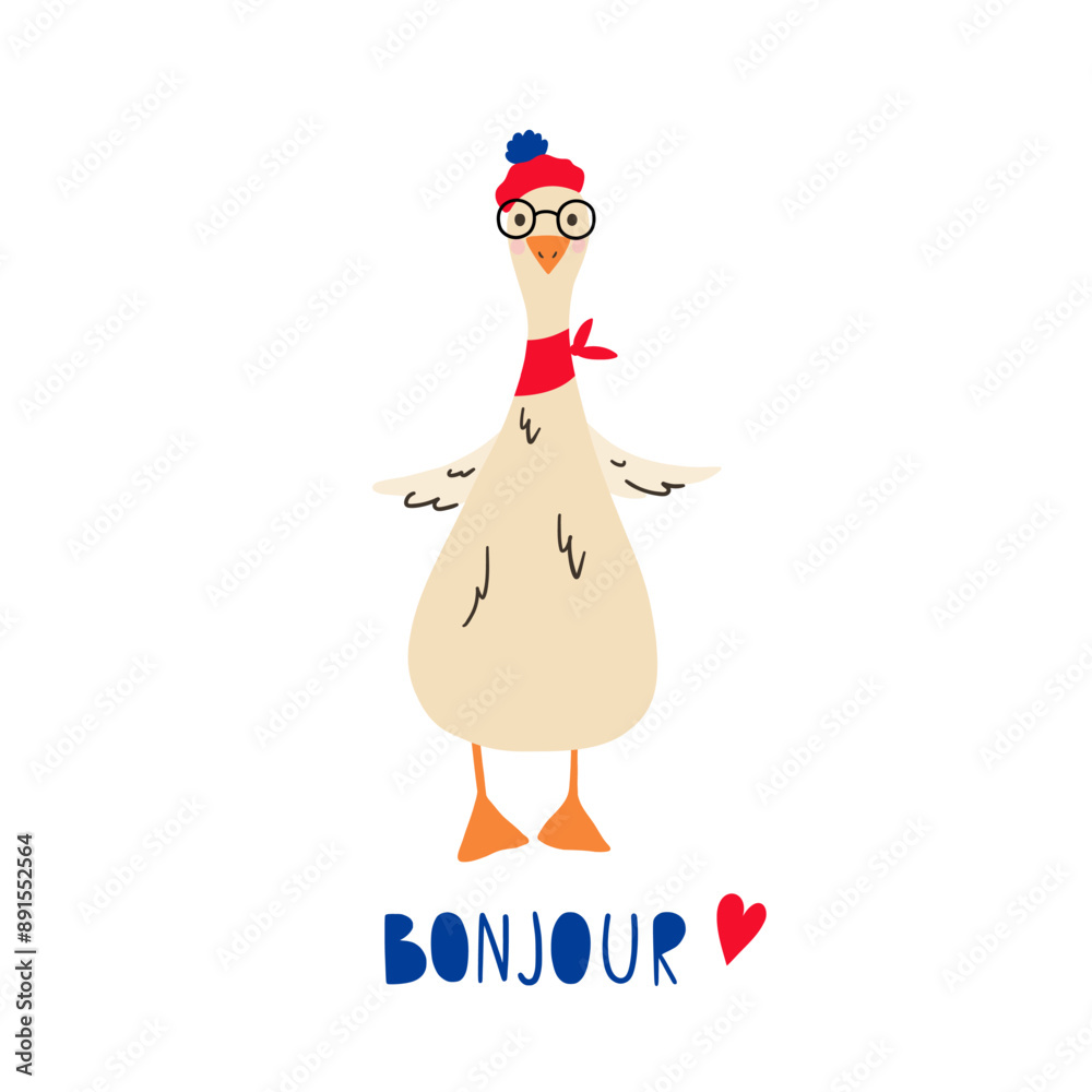 French goose and lettering "Hello" in French. French style goose ...
