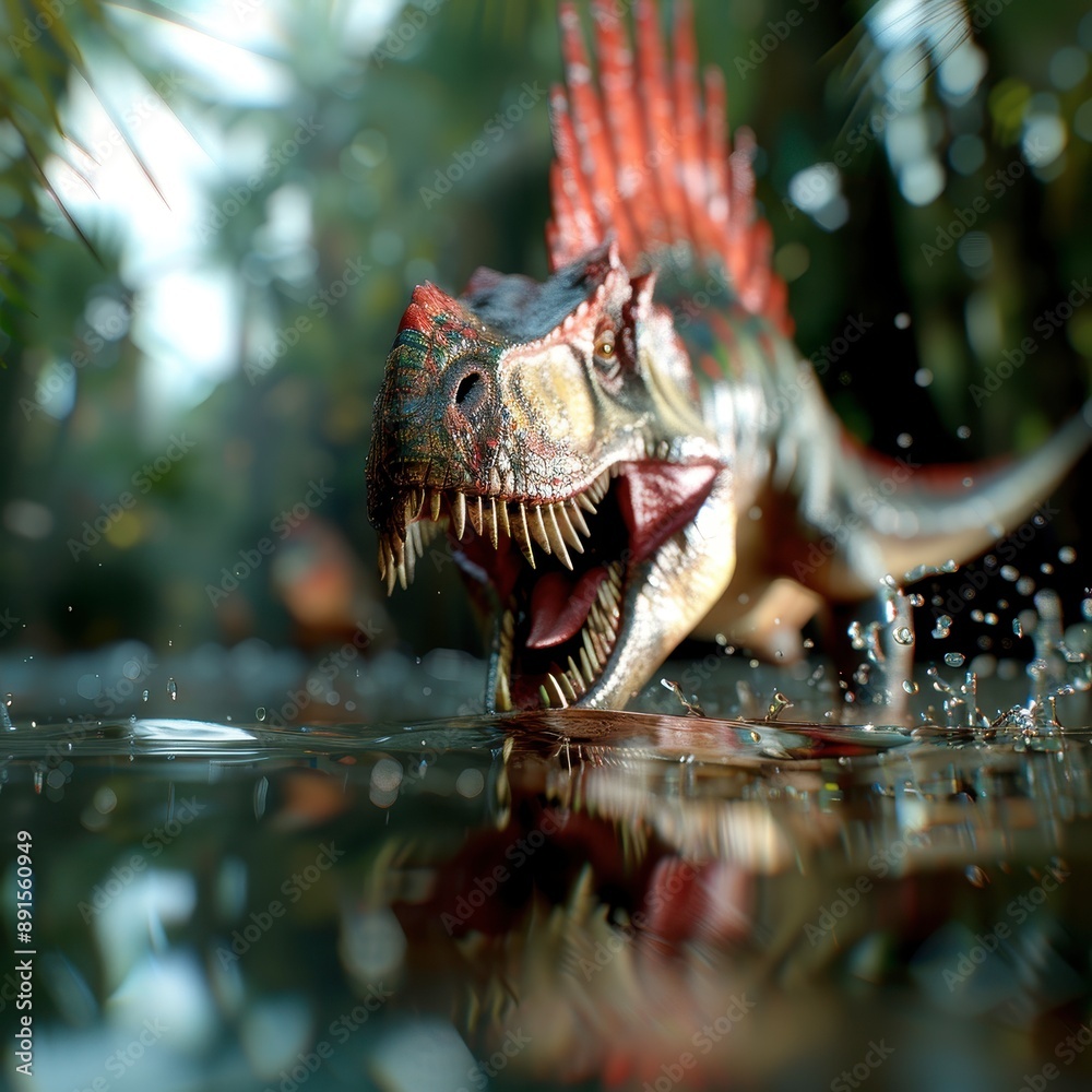 Spinosaurus fishing in a dense mangrove swamp, realistic with vivid ...