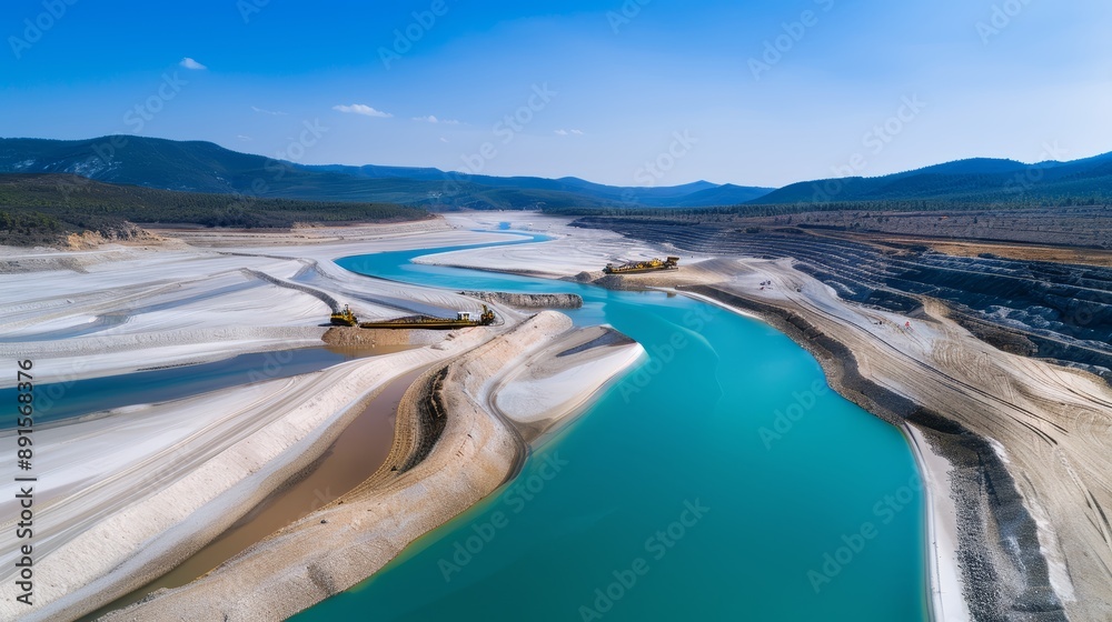 An aerial view of a river with placer mining operations, showing ...