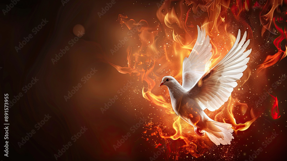 Flying White Dove on Fire, Isolated on Dark Background, Dramatic ...
