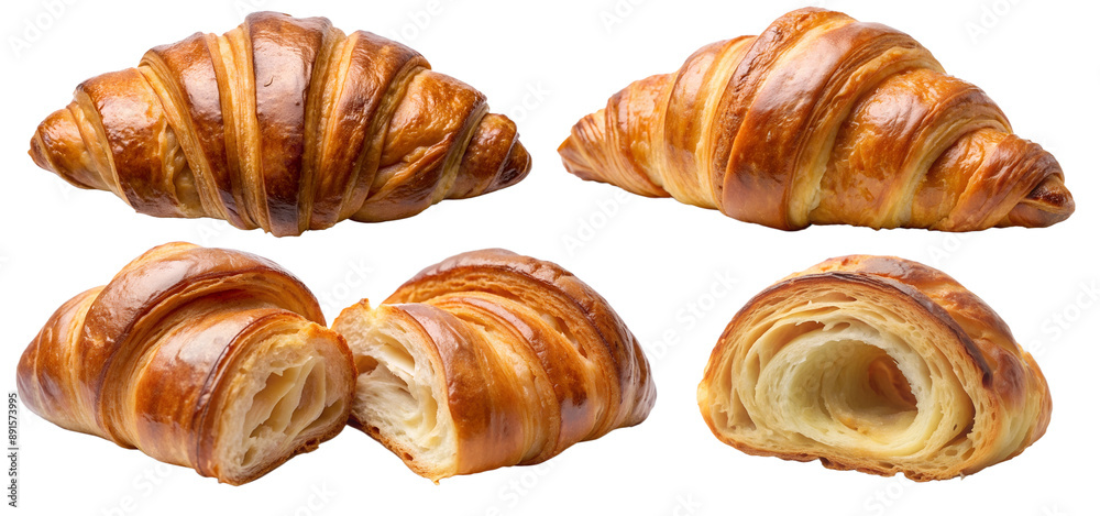 Set of croissants on a white isolated background front view, top view ...