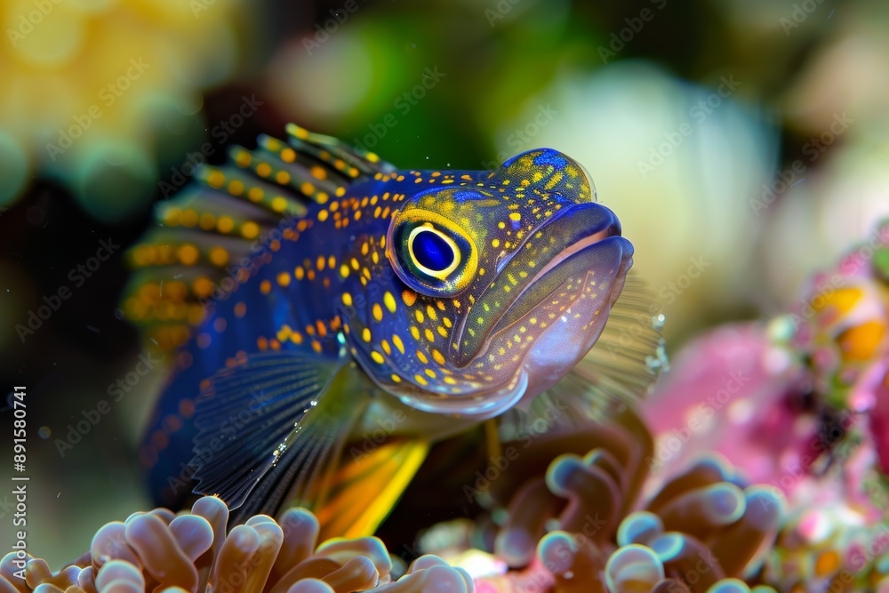 A Colorful Spotted Fish with Blue and Yellow Spots Looks Directly at ...