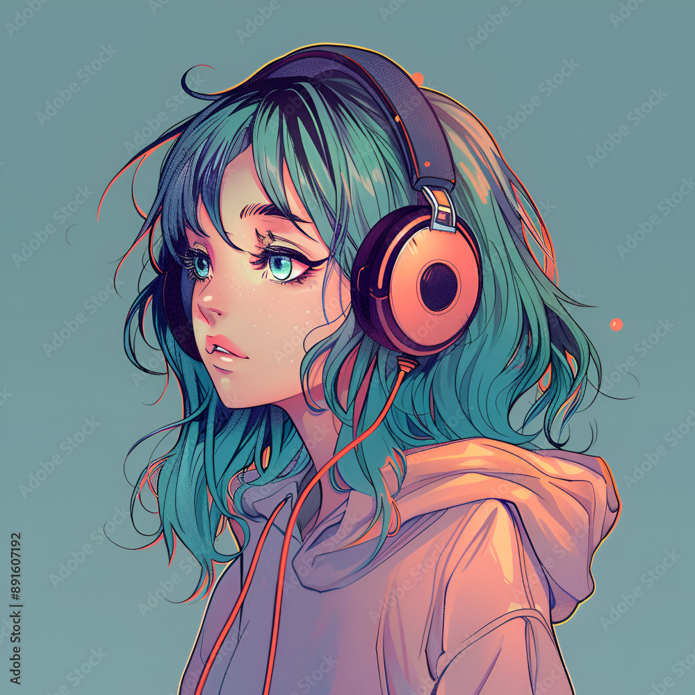 Beautiful anime girl listening to lofi hip hop music with headphones ...