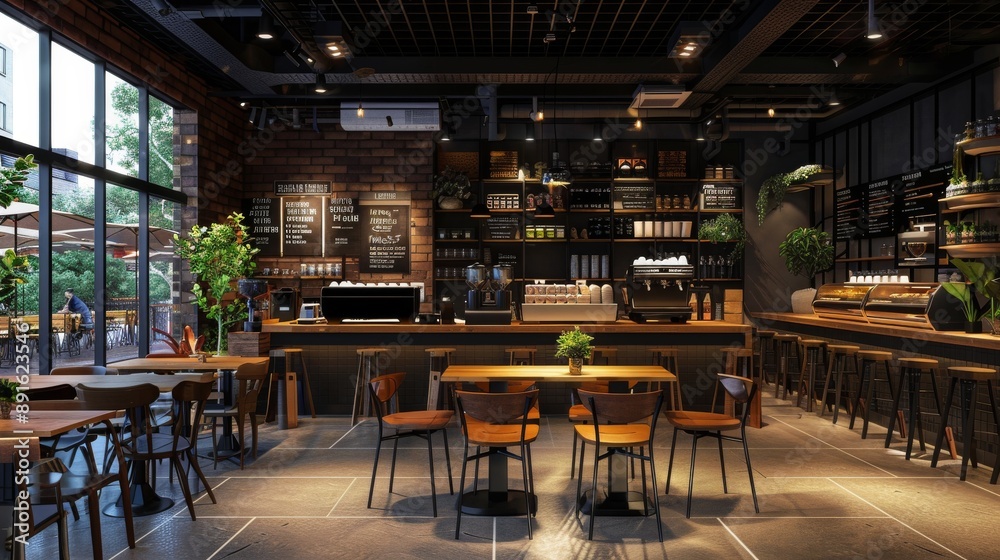 Inside a chic cafe designed in loft style, dark color palette enhancing ...