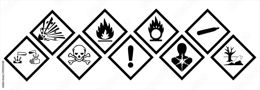 Globally Harmonized System (GHS) hazard Warning symbols with red ...