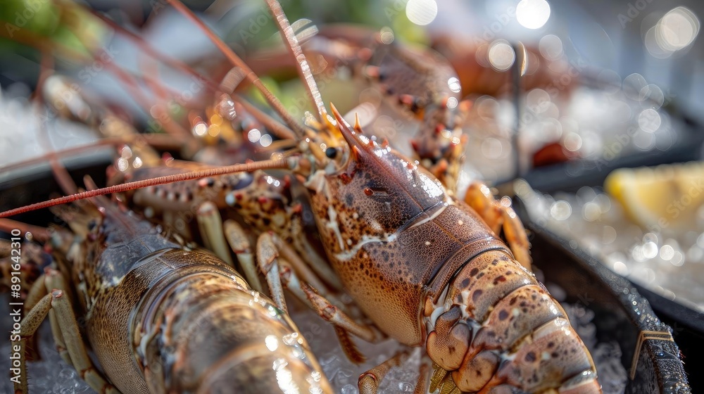 Freshly caught lobsters displayed on ice in a seafood market ...