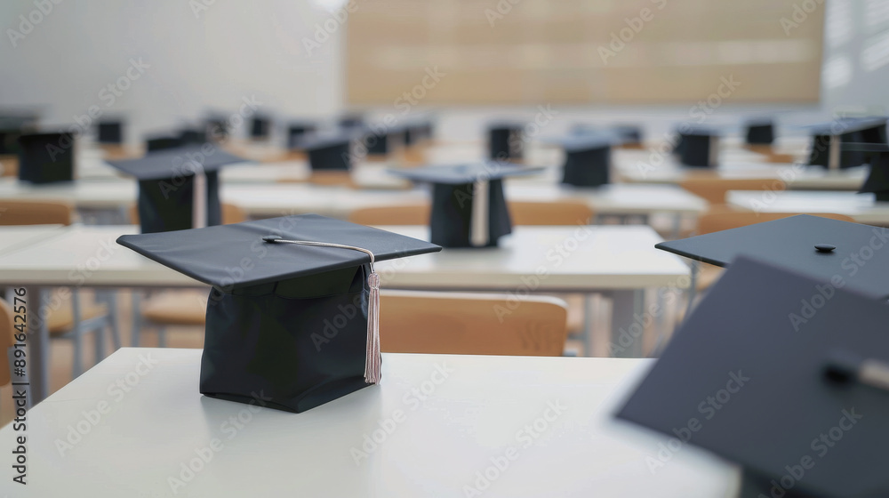 An empty classroom with graduation caps placed neatly on top of each ...