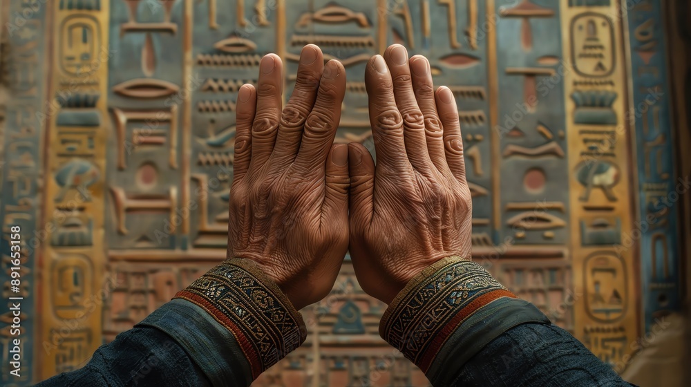 Hands with ancient symbols raised towards an artifact with hieroglyphs ...
