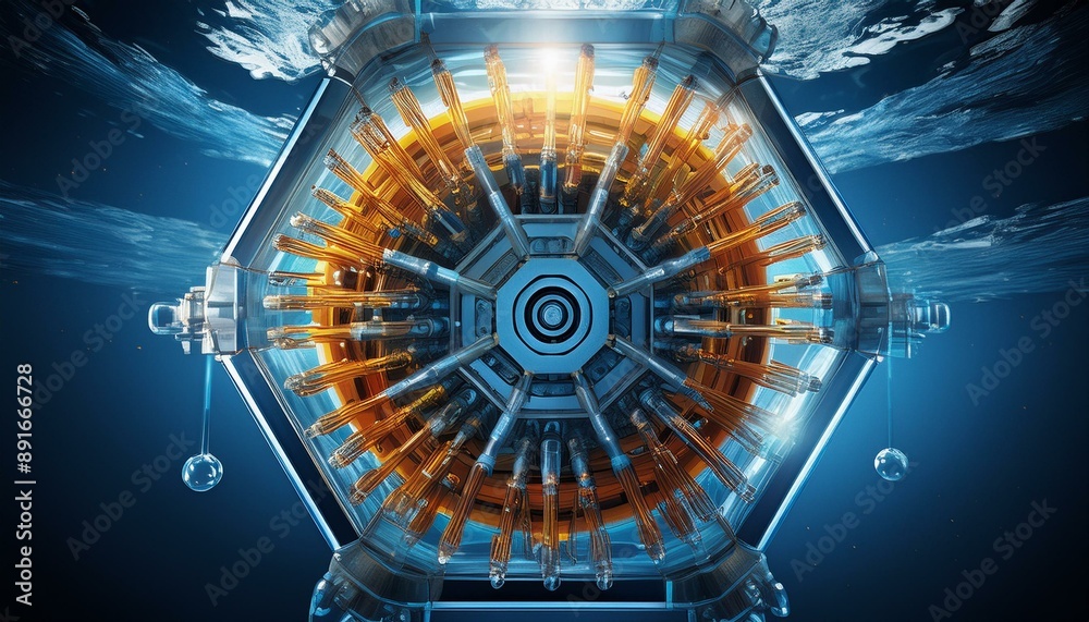 Close-up of hexagonal fuel assembly with fuel rods and guide tubes ...