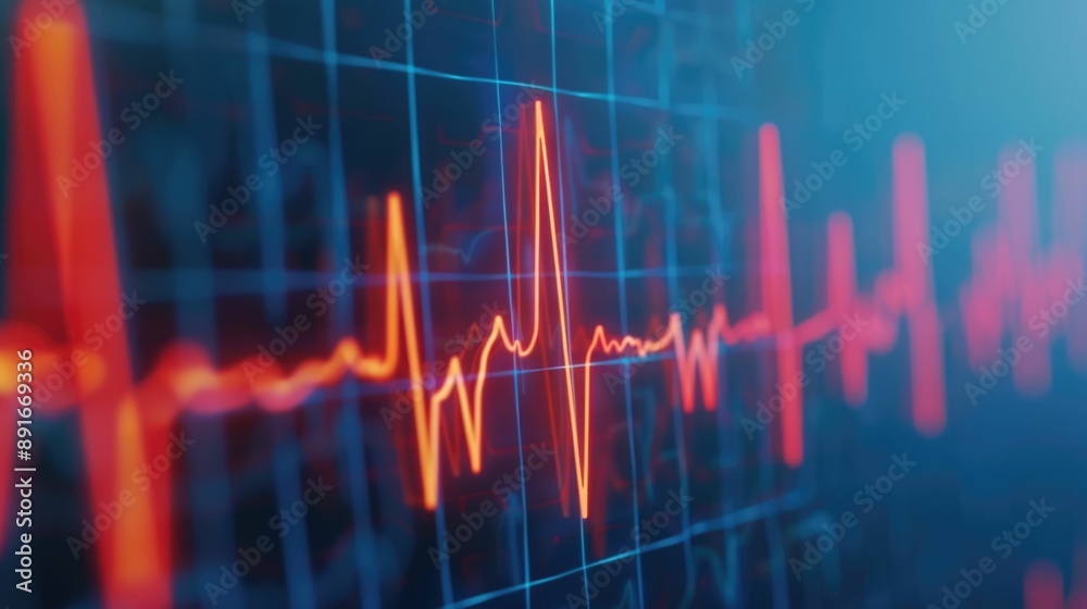Close up view of a medical heartbeat monitor display showing an ...