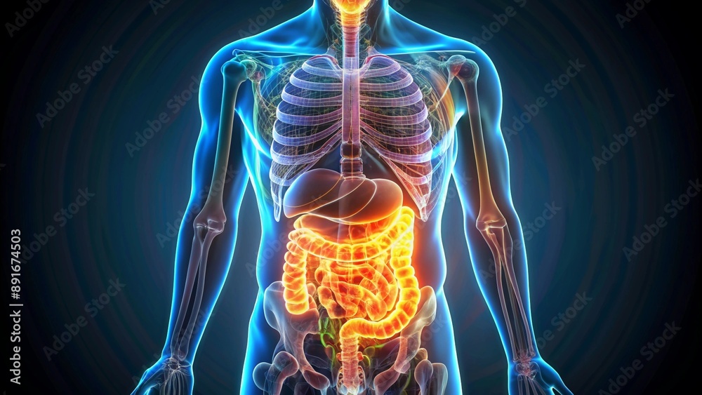 A holographic image of the human digestive system, with each organ ...