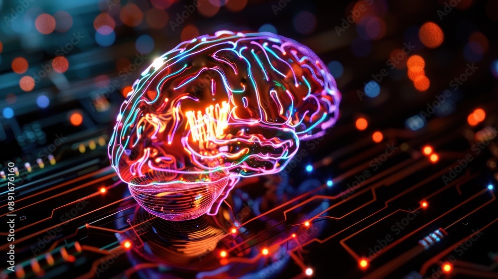 Human brain with glowing light bulb filaments, surrounded by digital ...