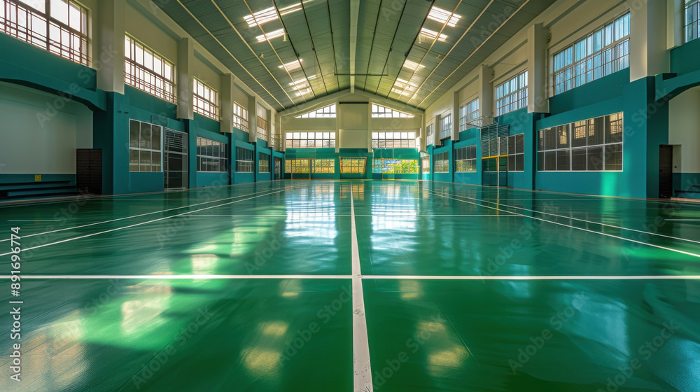 Empty badminton court inside a large gymnasium, well-lit with natural ...