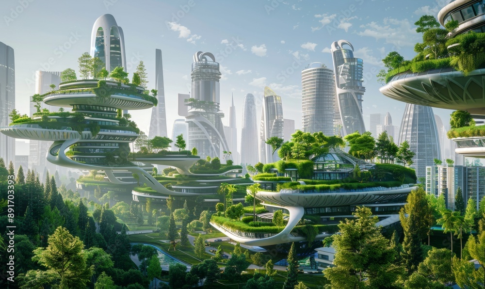 Futuristic Sustainable Cityscape: Eco-friendly Glass Skyscrapers and ...