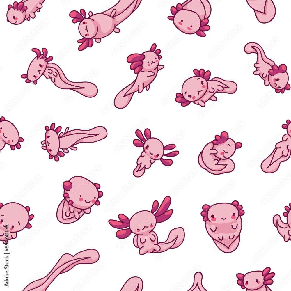 Cute axolotl character. Seamless pattern. Kawaii ambystoma amphibian ...