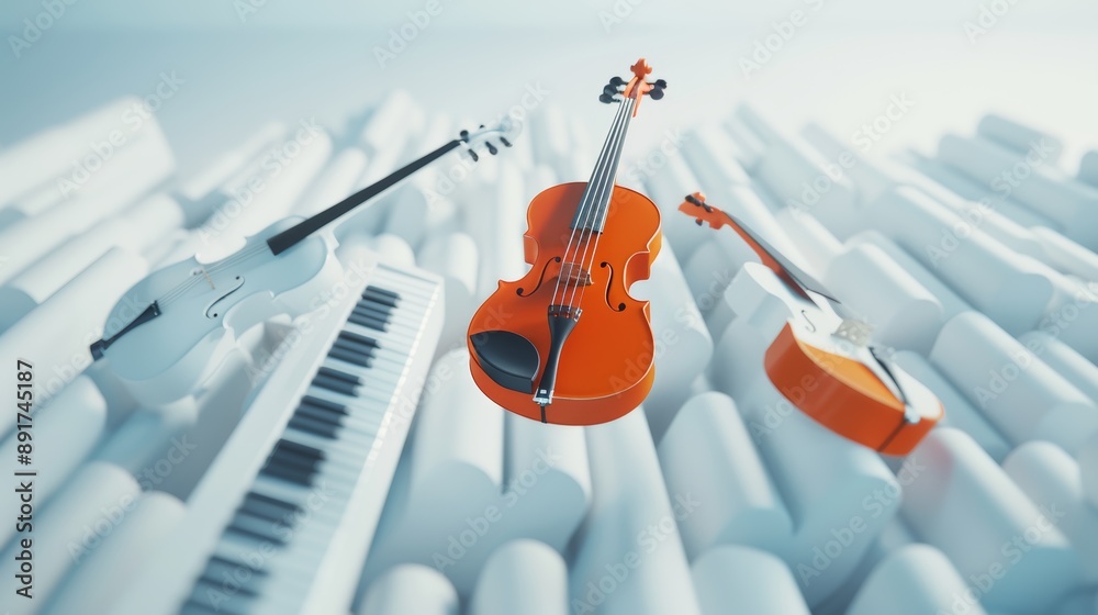 Floating 3D musical instruments in a surreal environment, 3D background ...