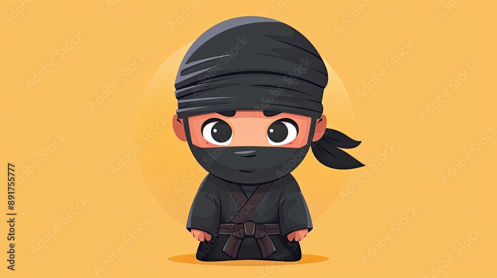 Cute cartoon ninja character in black outfit with a yellow background ...