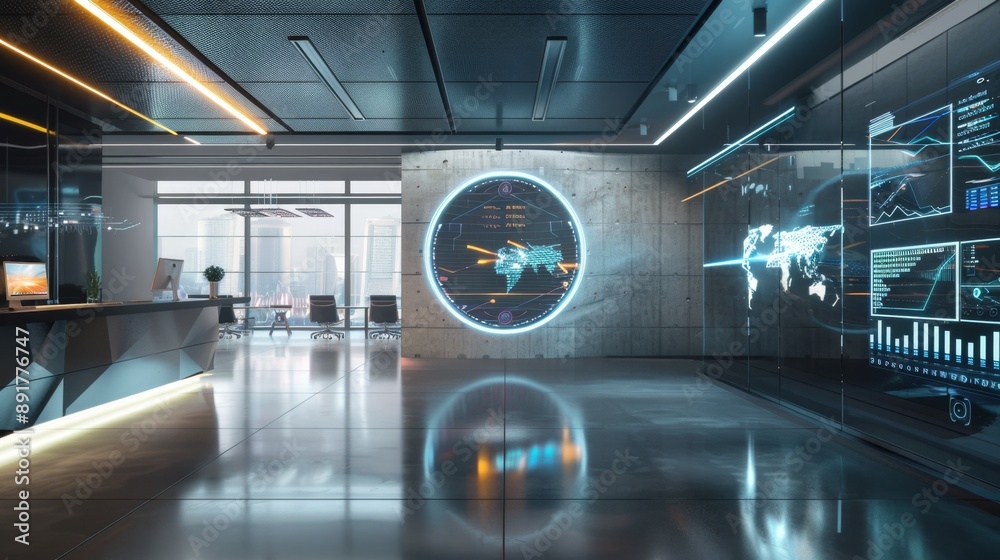 A state-of-the-art office featuring holographic world maps, digital interfaces, modern design ...