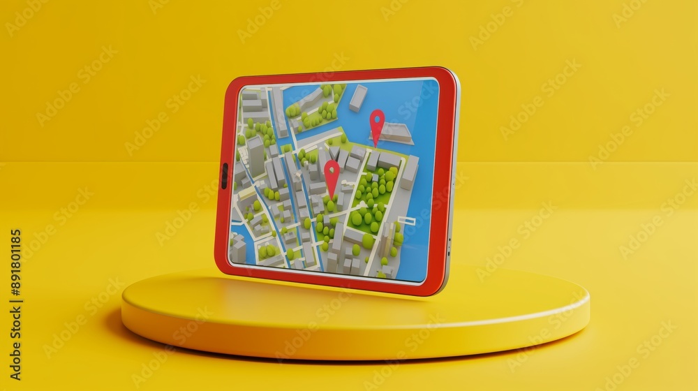 Tablet with city map application on screen on round podium over yellow ...