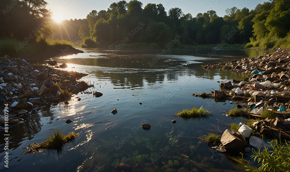 Visualize a dramatic before-and-after scene of a river cleanup, showing ...