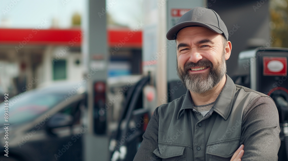 Smiling middle-aged man with a beard, gas station worker in gray ...
