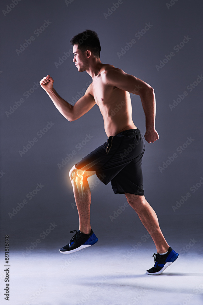 Man, knee and injury of fitness in studio, anatomy of leg and xray for ...