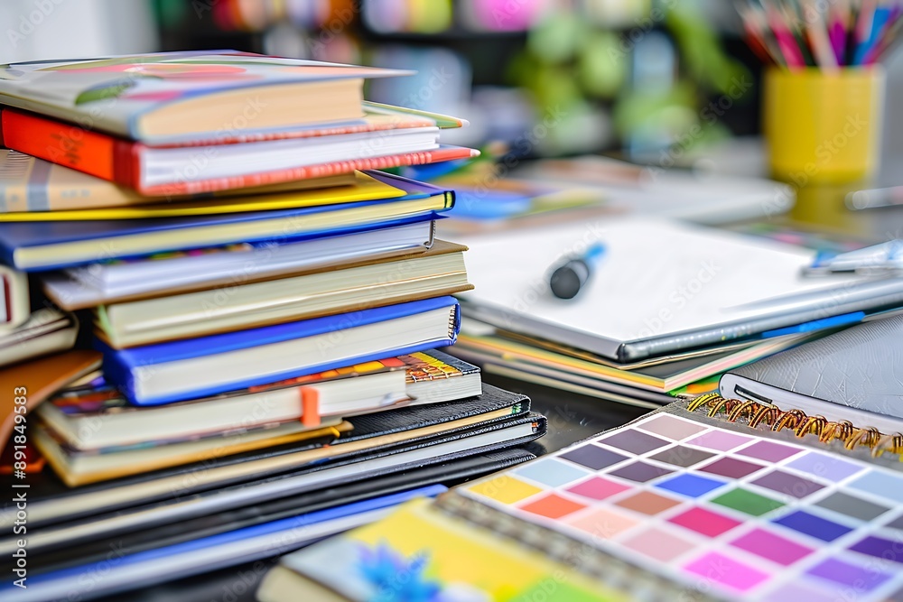 A stack of graphic design books and sketchbooks, with digital design ...