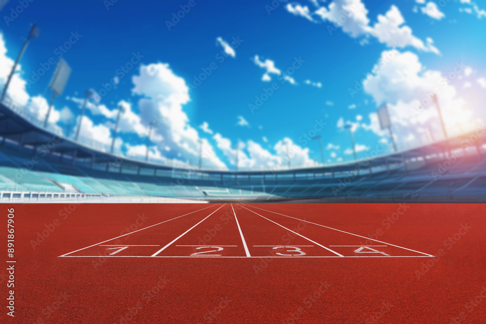 textured athlete running track in athletic stadium bein sunlight with ...
