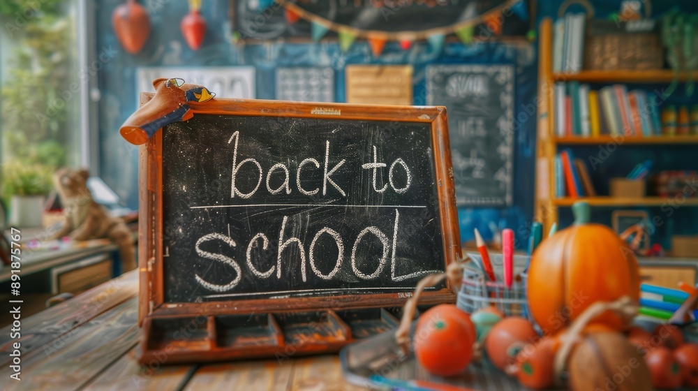 back to school written on a blackboard with white chulk. decorated ...