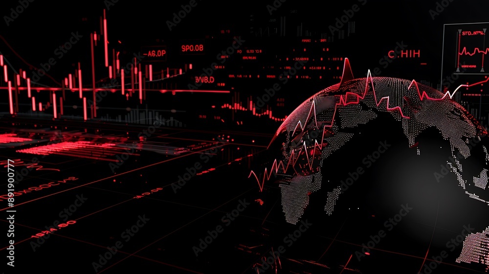 Dystopian black background with a crimson stock market graph and a ...