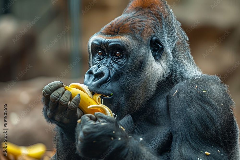 Silverback Gorilla Eating Banana: Jungle Herbivore Primate Stock Photo | Adobe Stock