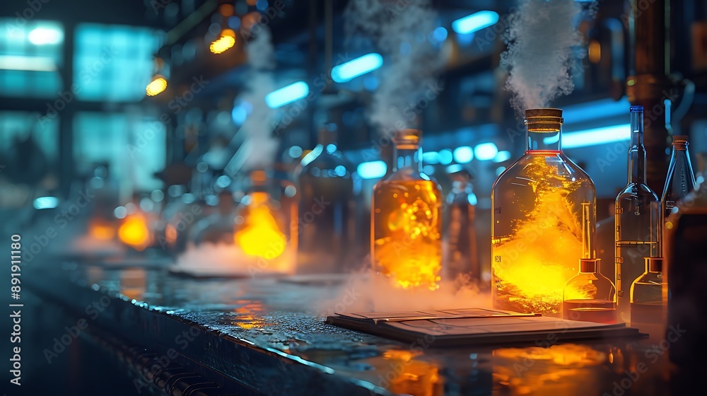 Futuristic chemistry experiment in an English lab showcasing smoky ...
