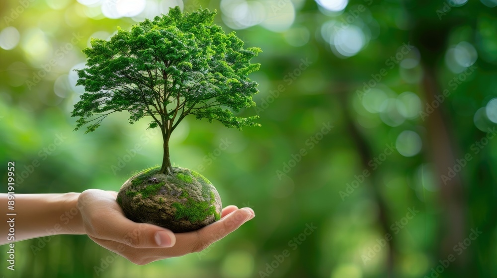 Human hand holding a green Earth with a flourishing tree, highlighting ...