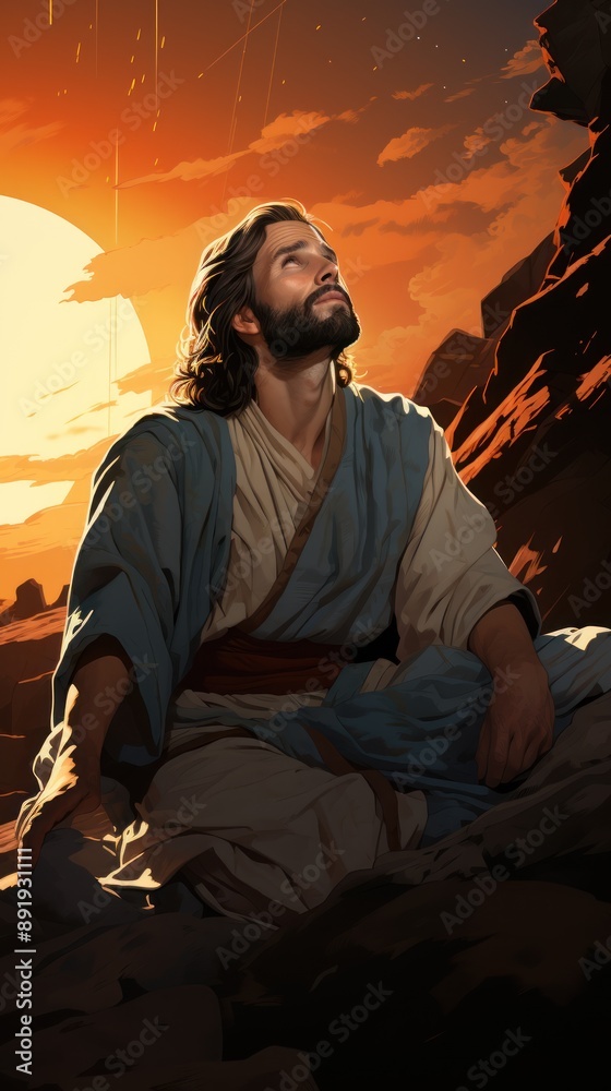 Spiritual reverence: Jesus Christ prays to god father, depicting ...