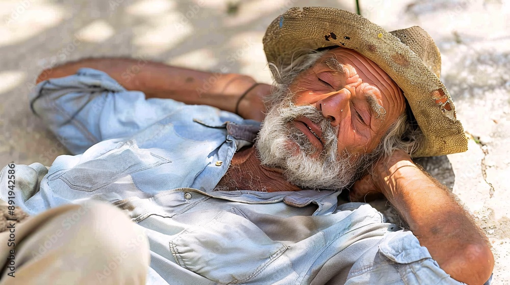 Homeless elderly American person with no clothes lying on the sidewalk ...