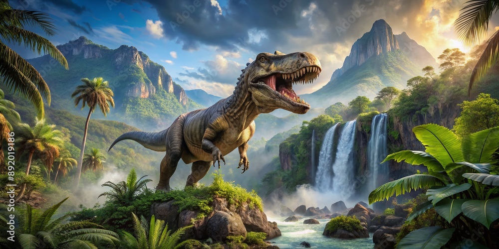 Majestic Tyrannosaurus Rex stands victorious in a lush, primordial ...