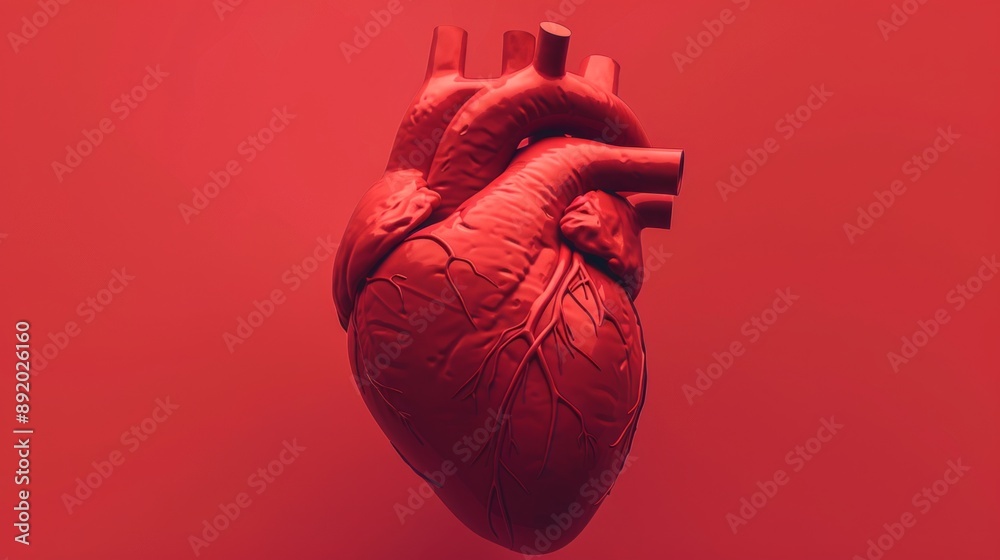 Illustrate a detailed human heart with a solid red background. The ...