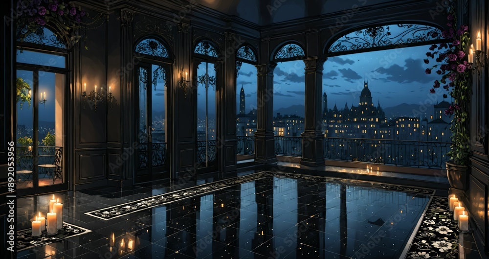 dark porch patio of mansion palace house interior with stone marble ...
