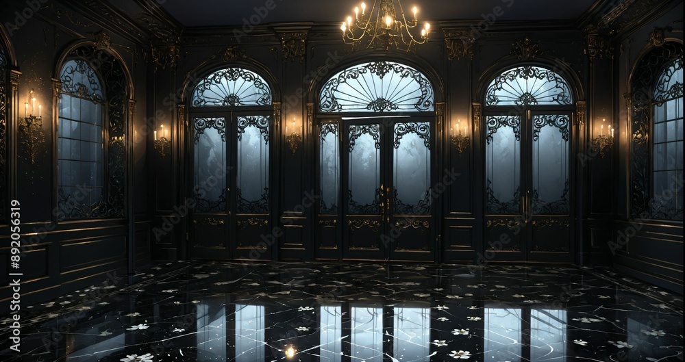 dark black door doorway entrance lobby of industrial gothic castle ...
