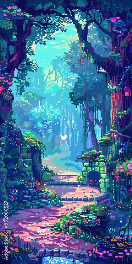 8bit fairy, enchanted glade, pixel art style, vibrant colors, sidescrolling perspective ...