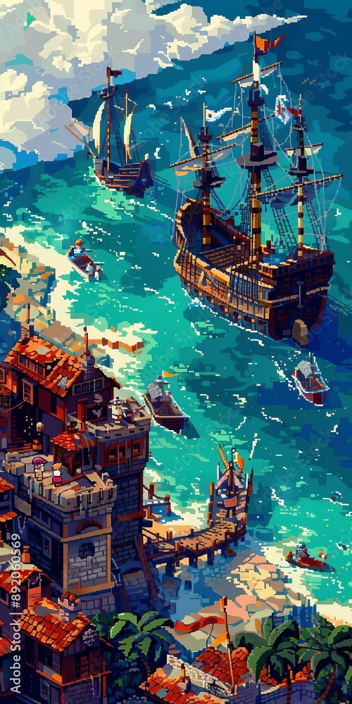 8bit pirate, high seas, pixel art style, vibrant colors, isometric ...