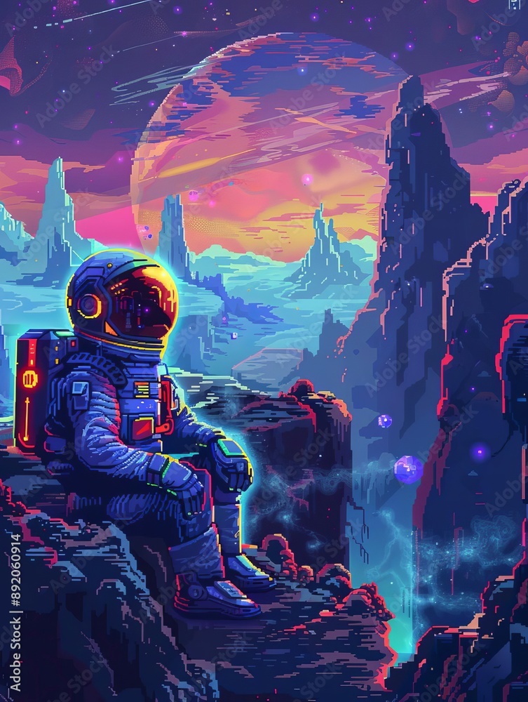 Pixel space explorer, alien planet, 8bit art style, vibrant colors ...