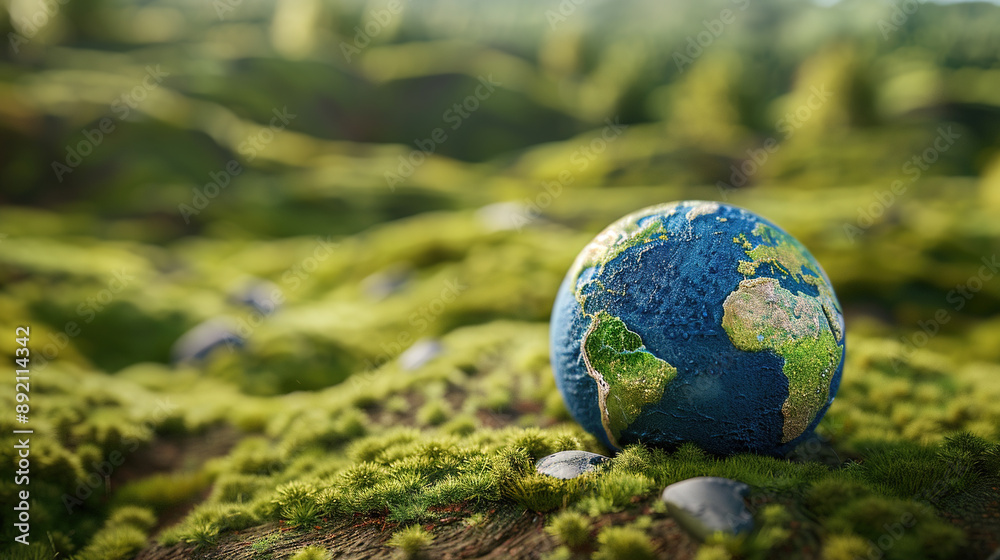 Miniature rendering of the Earth set against a natural blurry hills ...