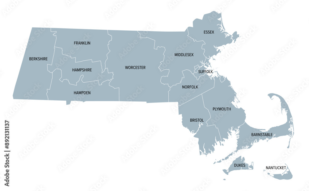 Massachusetts counties, gray political map. Commonwealth of ...