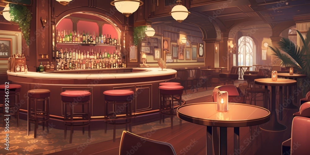 Cartoon speakeasy bar with secret entrance and 1920s decor, elegant ...