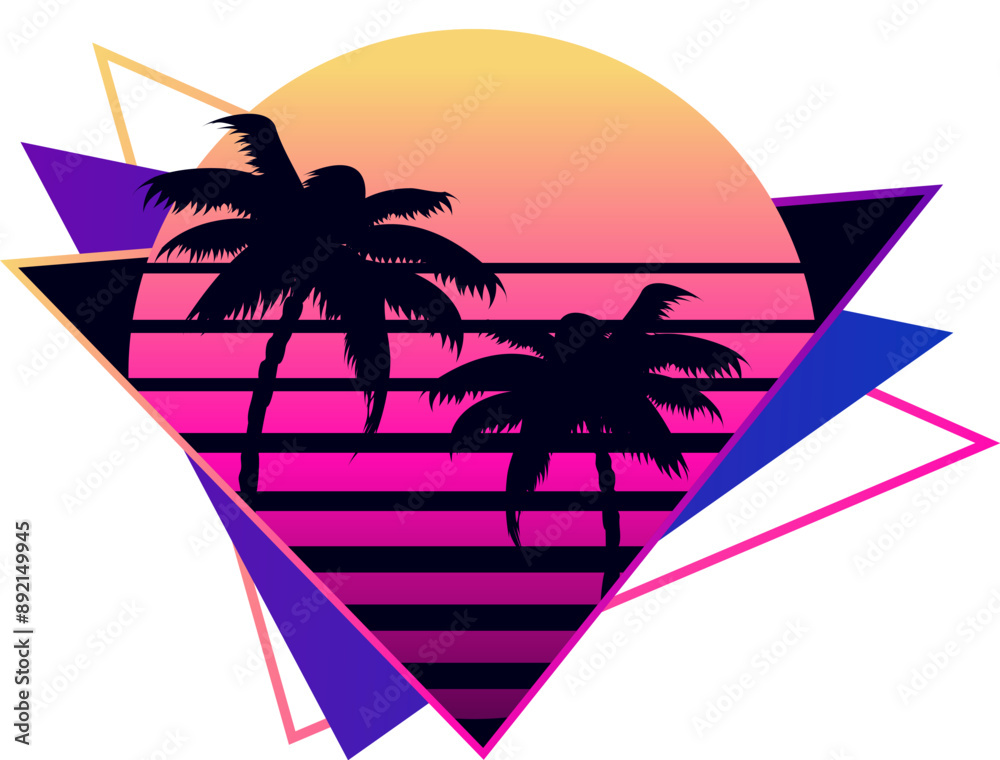Abstract illustration of retrowave palm trees and sun in the neon ...